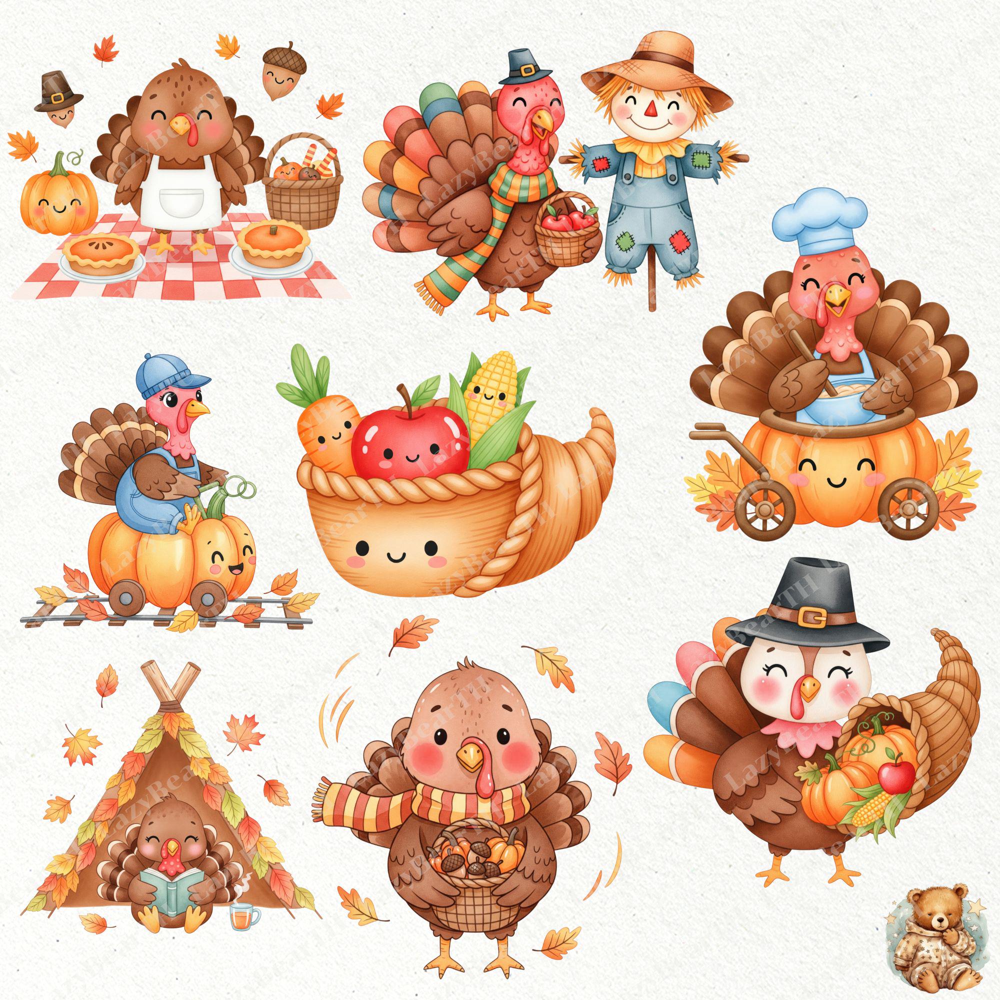 Cute Turkey Clipart Watercolor | Thanksgiving Fall Animal Illustration ...