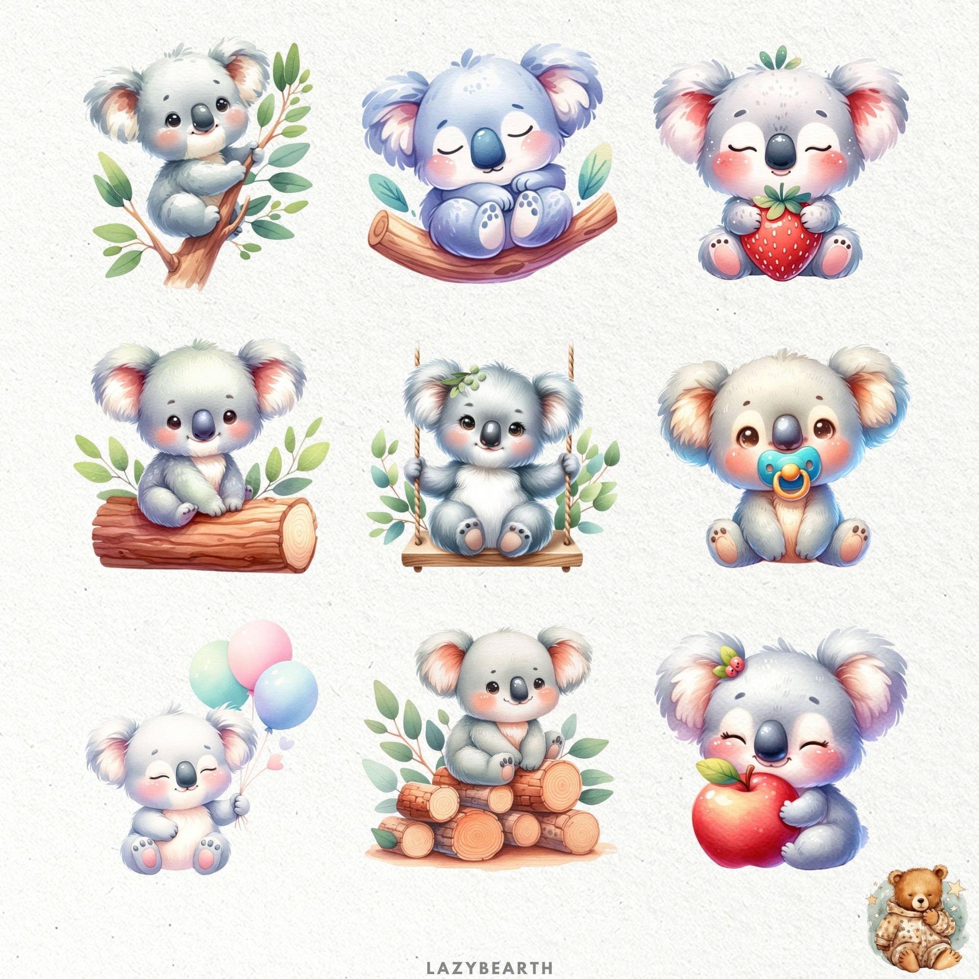 Baby Koala Clipart, 28 Cute Watercolor Baby Koala PNG Clipart ...