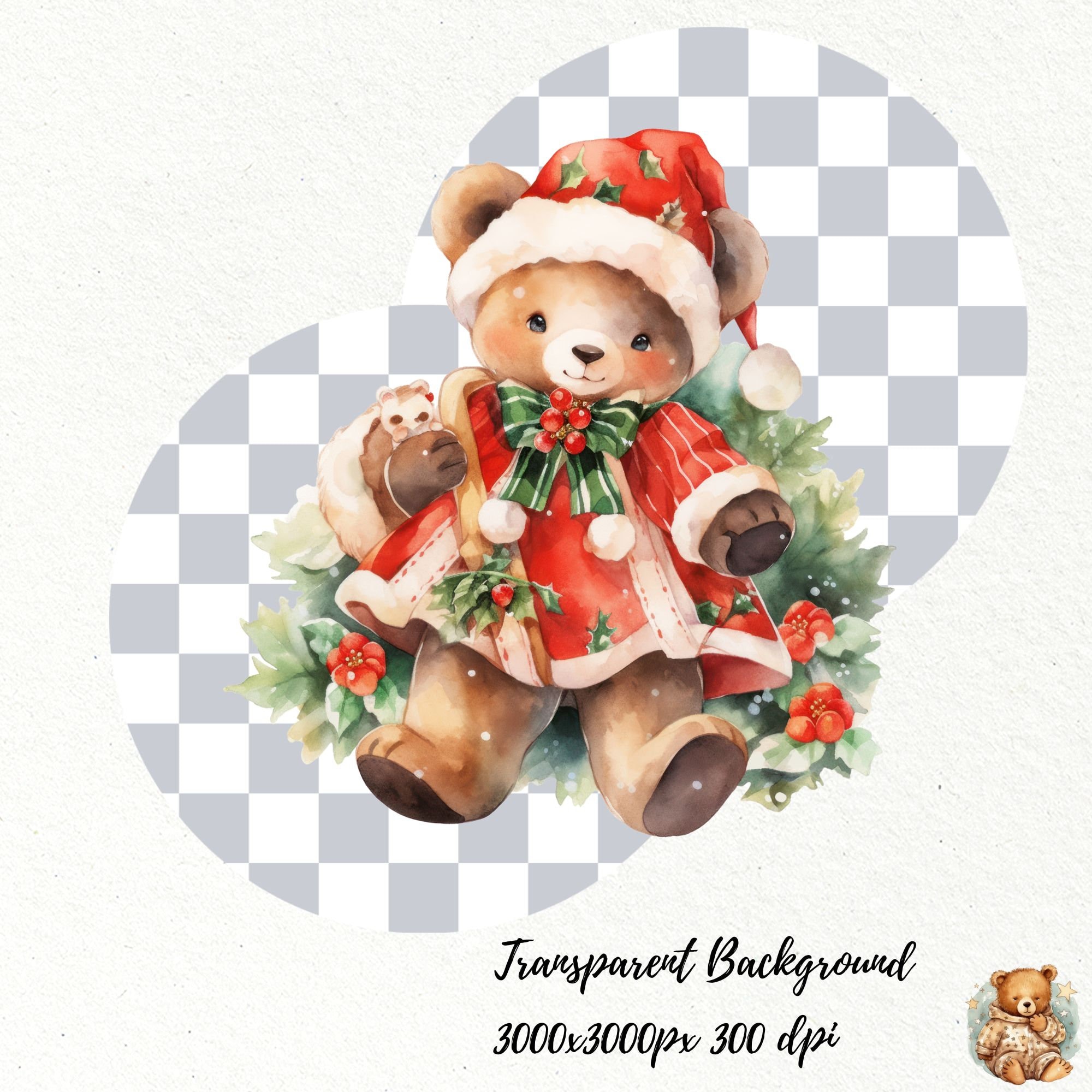 Watercolor Christmas Teddy Bear Clipart, Christmas Animals PNG ...