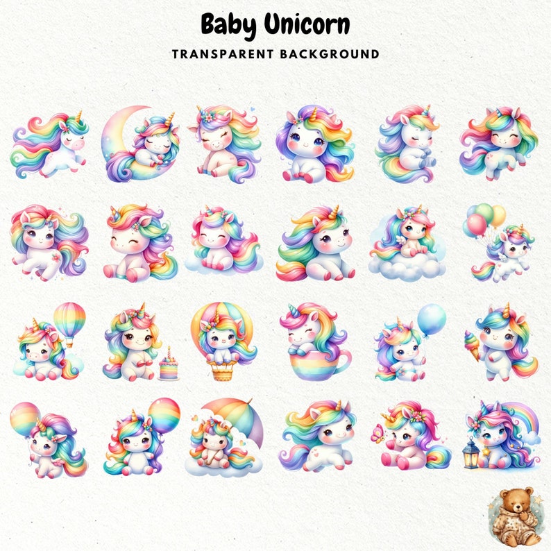 Baby Unicorn Clipart, 48 Watercolor Unicorn Clipart, Rainbow Unicorn ...