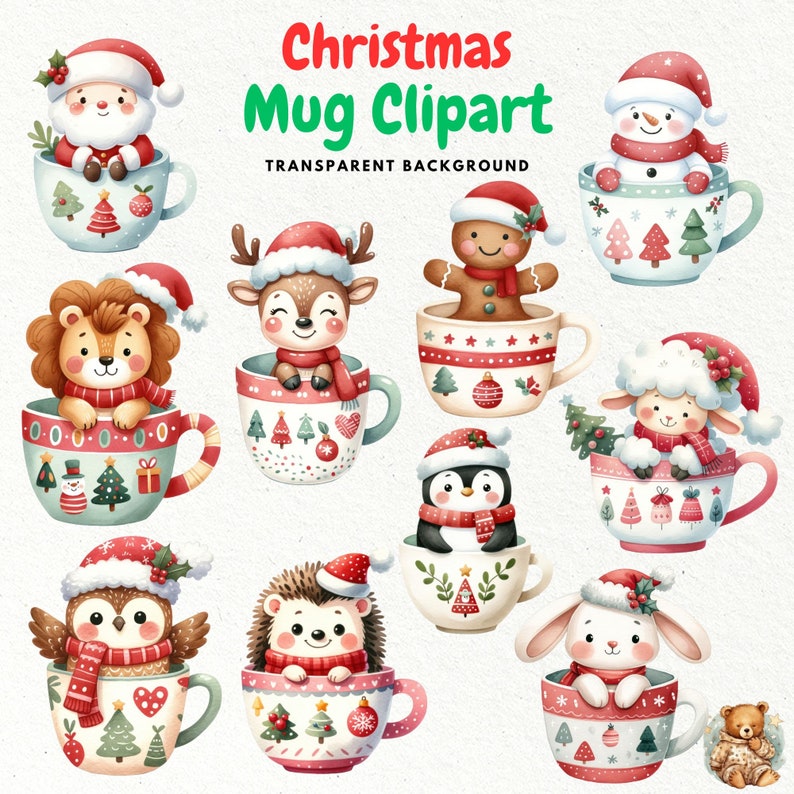 Christmas Mug Clipart, Christmas Animals in Mug, Christmas Mug PNG ...