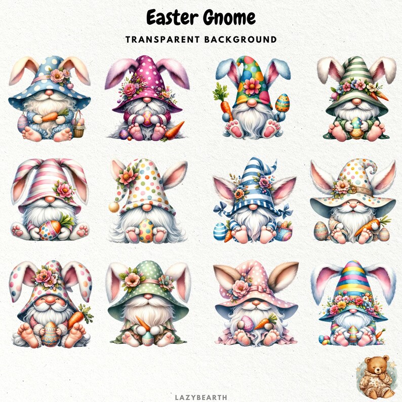 Easter Bunny Gnome, 24 Easter Bunny Gnome PNG Clipart Bundle, Bunny ...