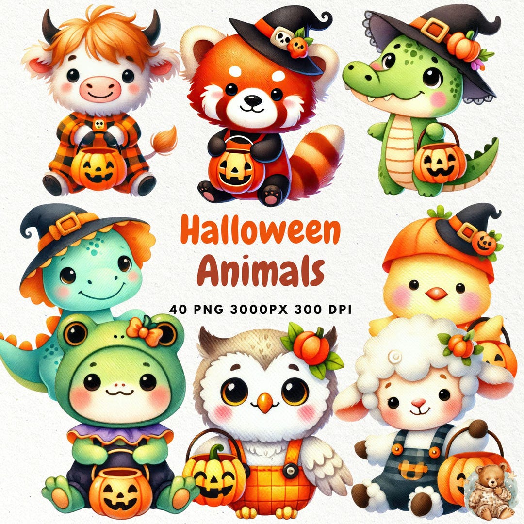 Cute Halloween Animals, 40 Halloween Animals PNG, Watercolor Halloween ...