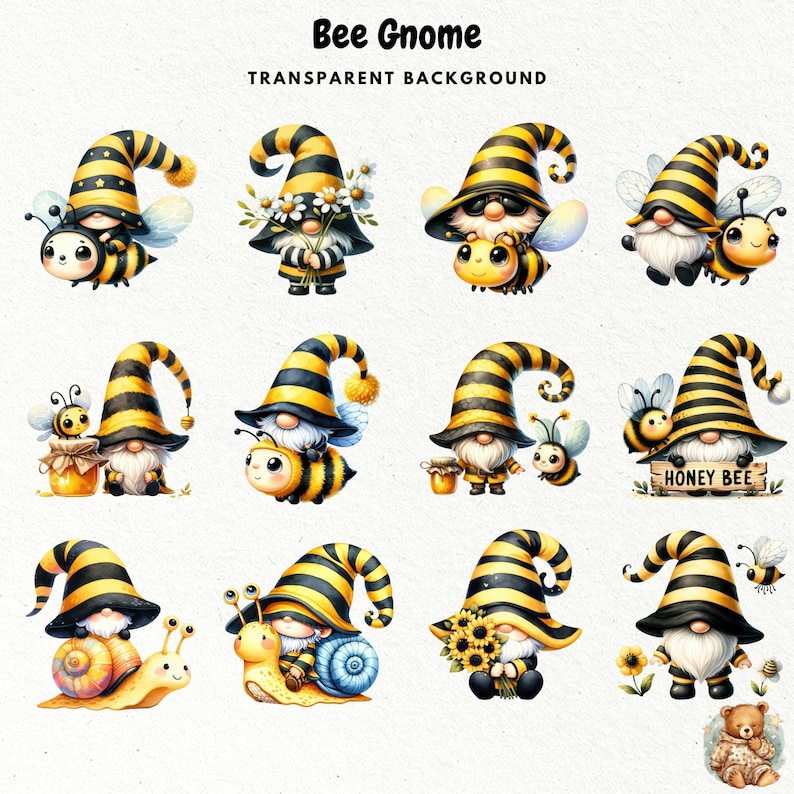 Bee Gnome, 24 Bumble Bee Gnome, Watercolor Gnome Clipart, Bee Gnome PNG ...