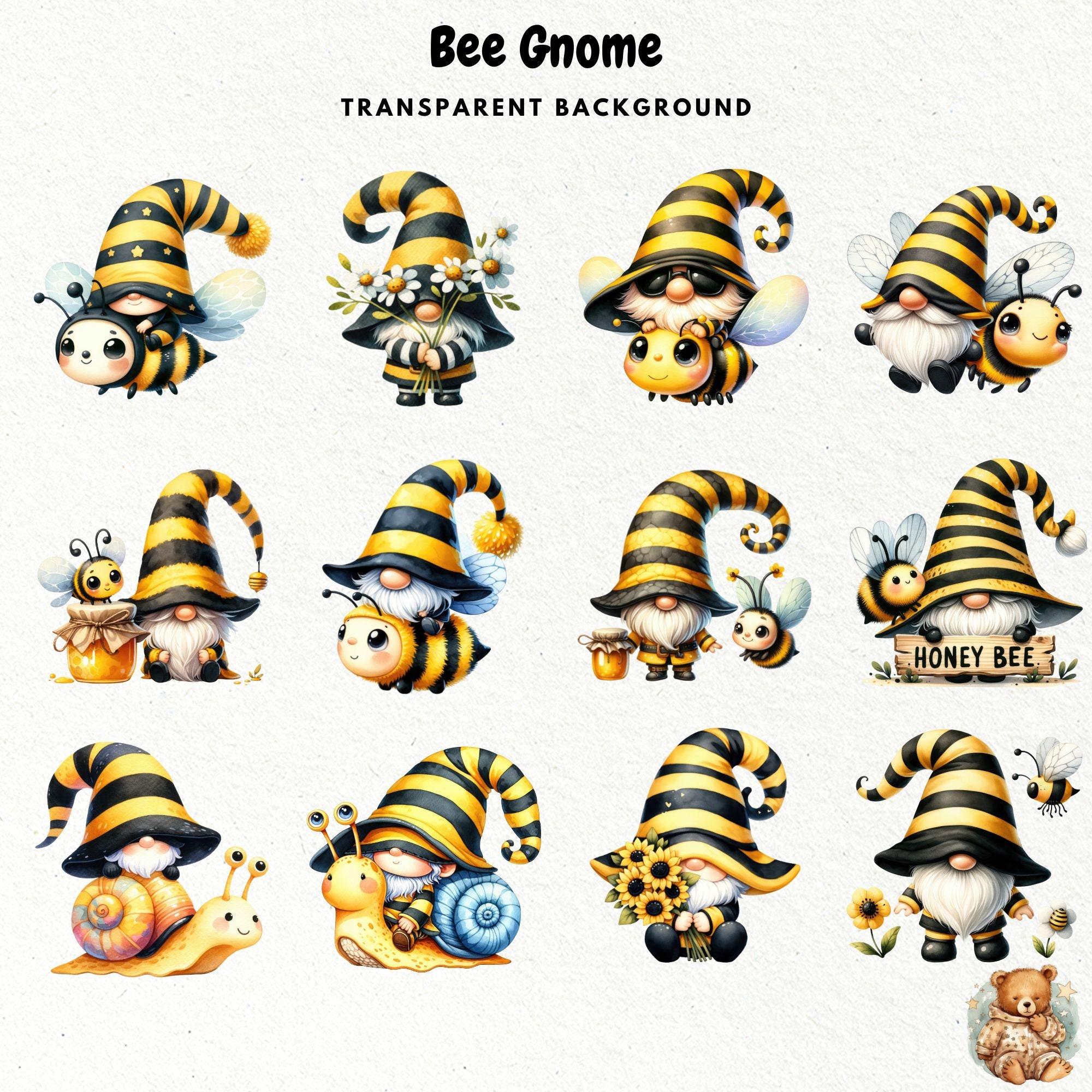 Bee Gnome, 24 Bumble Bee Gnome, Watercolor Gnome Clipart, Bee Gnome PNG ...