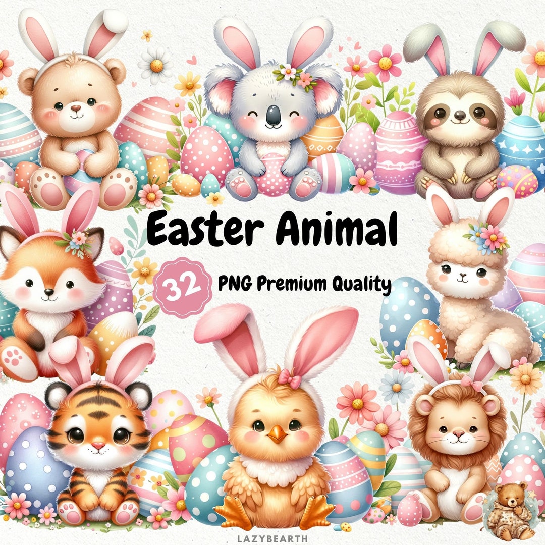Easter Animal, 32 Cute Easter Animal PNG Clipart, Watercolor Easter ...