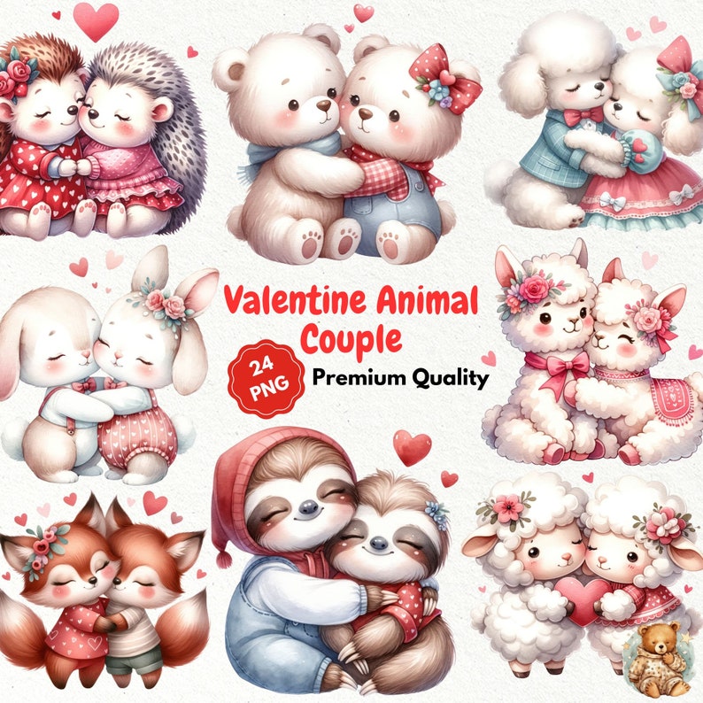 Valentine Animal Couple, 24 Animal Couple PNG, Woodland Animal ...