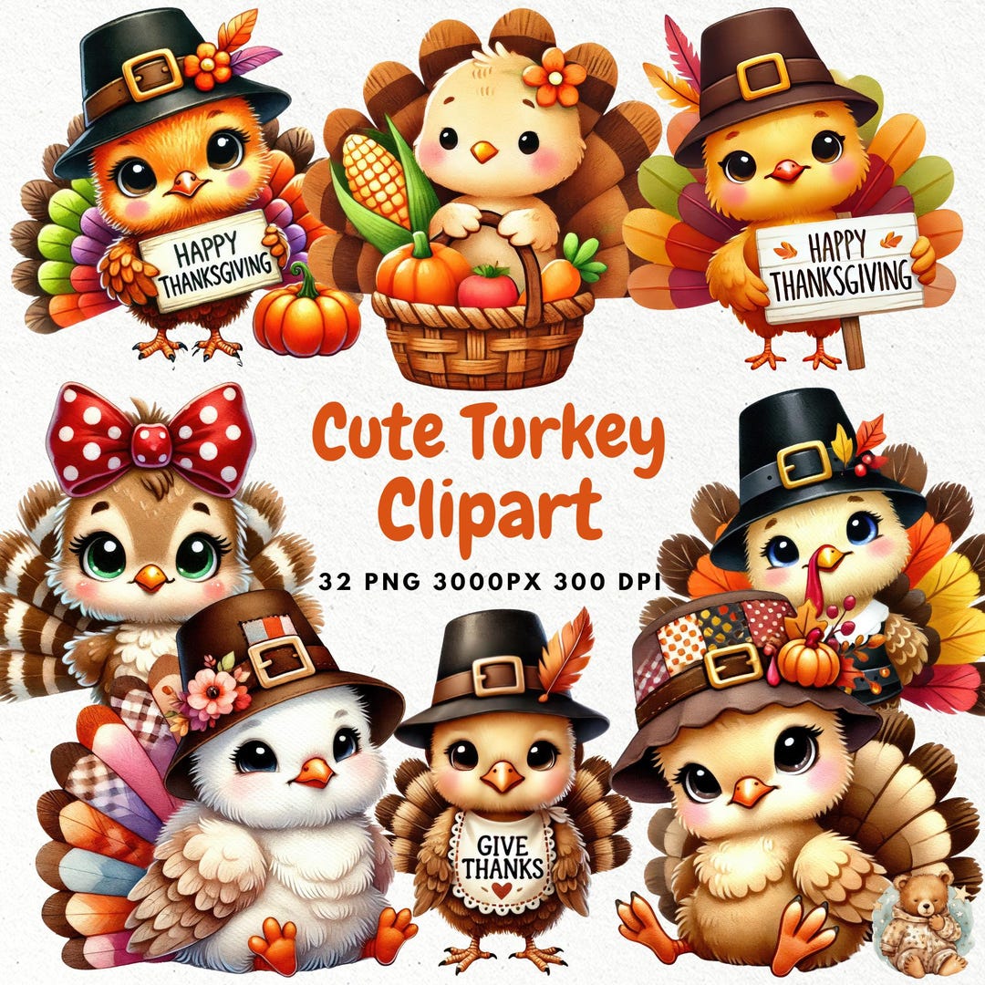 Cute Turkey Clipart, Thanksgiving Watercolor Clipart, Autumn Clipart ...