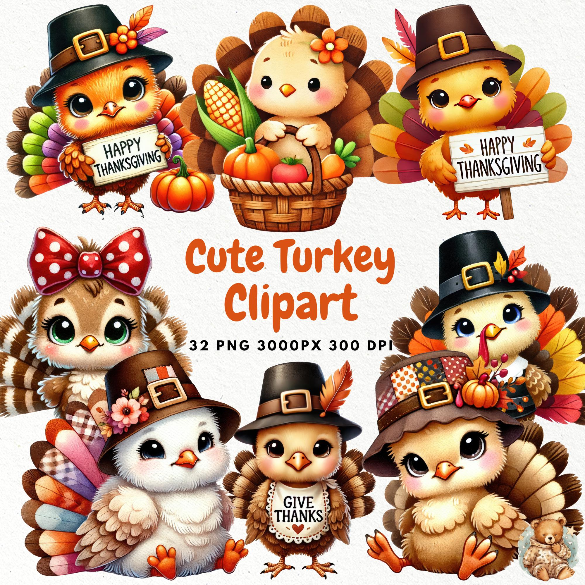 Cute Turkey Clipart, Thanksgiving Watercolor Clipart, Autumn Clipart ...