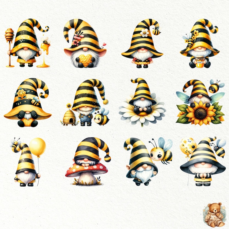 Bee Gnome, 24 Bumble Bee Gnome, Watercolor Gnome Clipart, Bee Gnome PNG ...