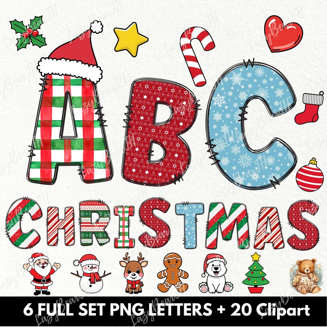 Christmas Doodle Alphabet PNG, 6 Set A-Z Letters, 0-9 Numbers and 20 ...