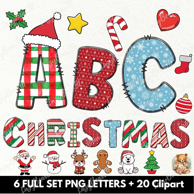 Christmas Doodle Alphabet PNG, 6 Set A-Z Letters, 0-9 Numbers and 20 ...