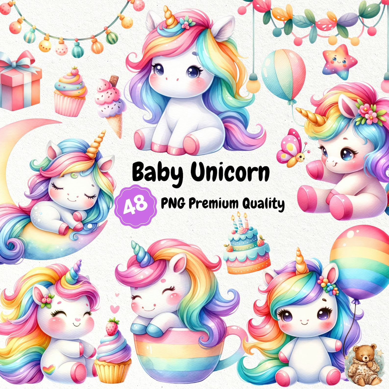 Baby Unicorn Clipart, 48 Watercolor Unicorn Clipart, Rainbow Unicorn ...