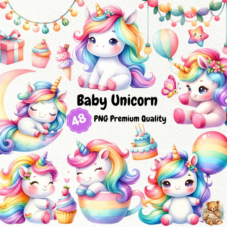 Baby Unicorn Clipart, 48 Watercolor Unicorn Clipart, Rainbow Unicorn ...