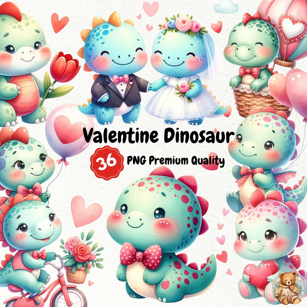Valentine Dinosaur, 36 Cute Dinosaur Watercolor, Valentine Dinosaur PNG ...