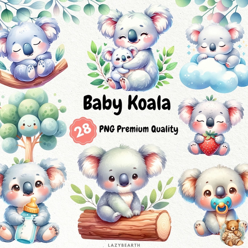 Baby Koala Clipart, 28 Cute Watercolor Baby Koala PNG Clipart ...