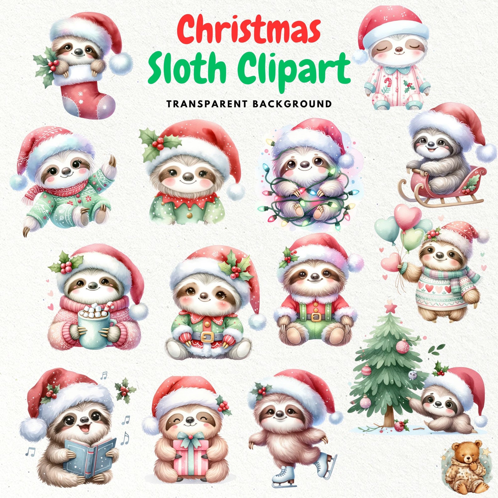 Christmas Sloth Clipart, Christmas Sloth PNG, Watercolor Sloth Clipart ...