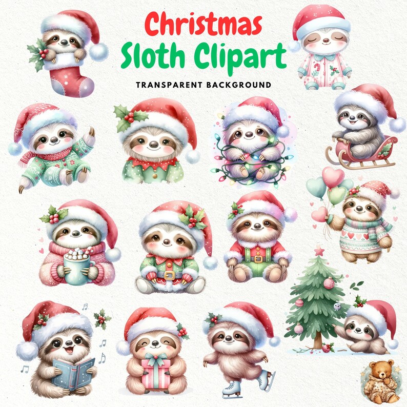 Christmas Sloth Clipart, Christmas Sloth PNG, Watercolor Sloth Clipart ...