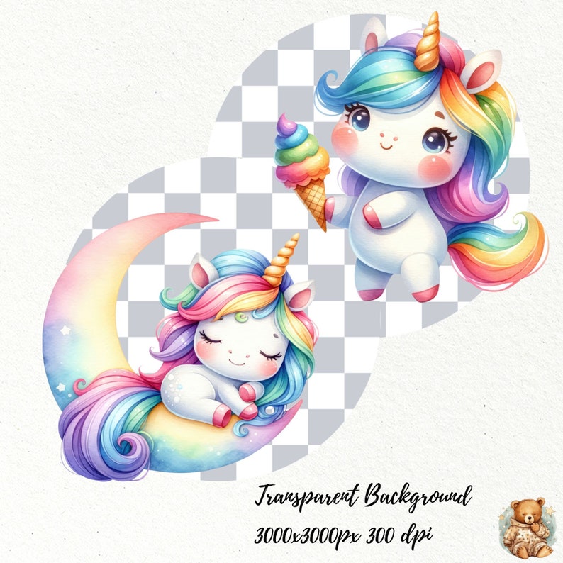Baby Unicorn Clipart, 48 Watercolor Unicorn Clipart, Rainbow Unicorn ...