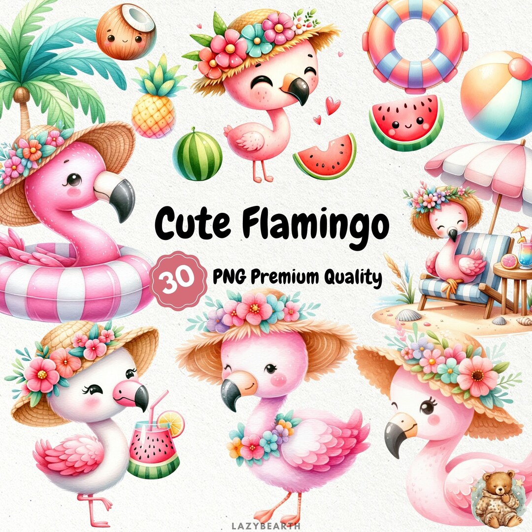 Cute Flamingo, 30 Cute Watercolor Flamingo PNG Clipart, Summer Flamingo ...