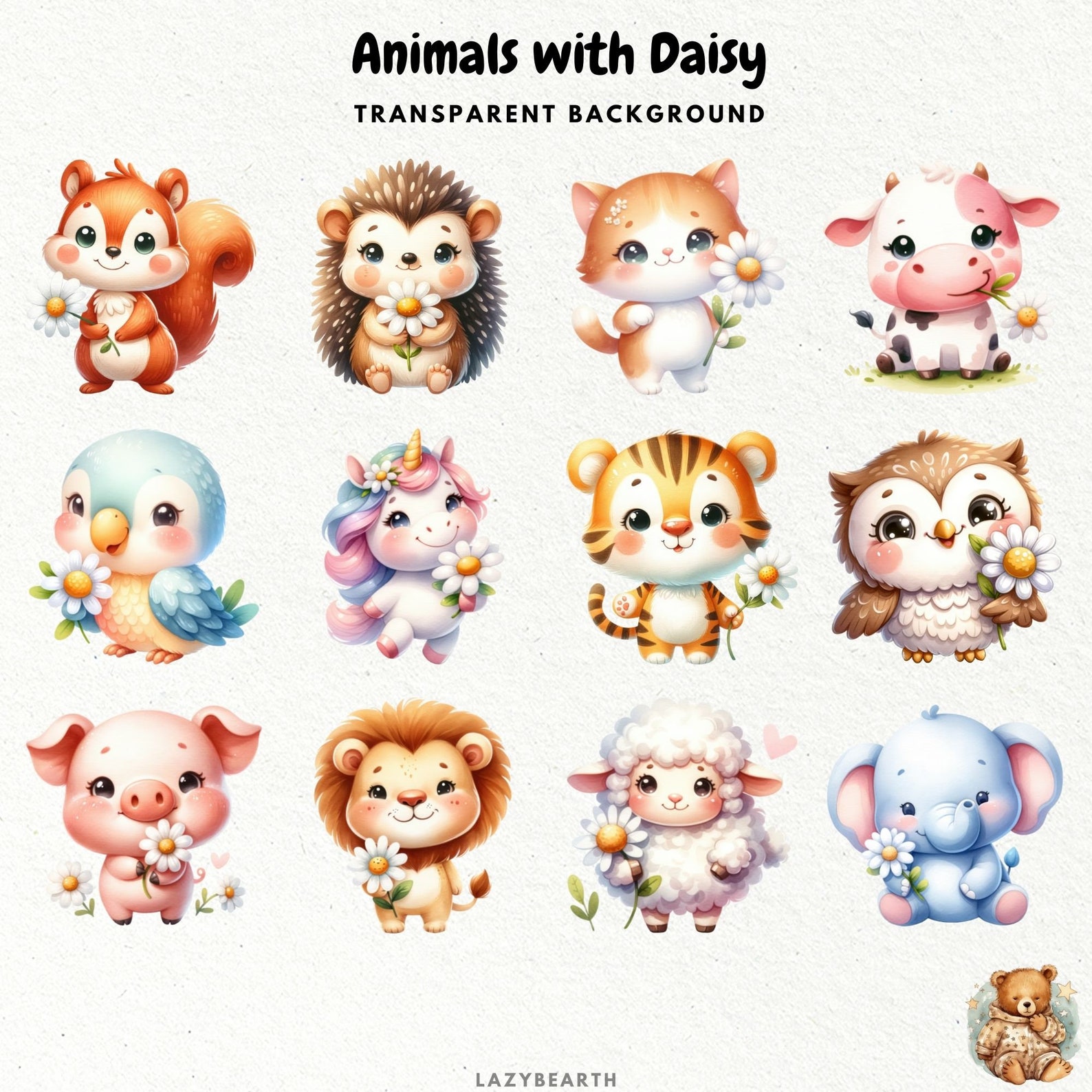Animals Clipart, 30 Cute Animals With Daisy PNG Clipart, Watercolor ...