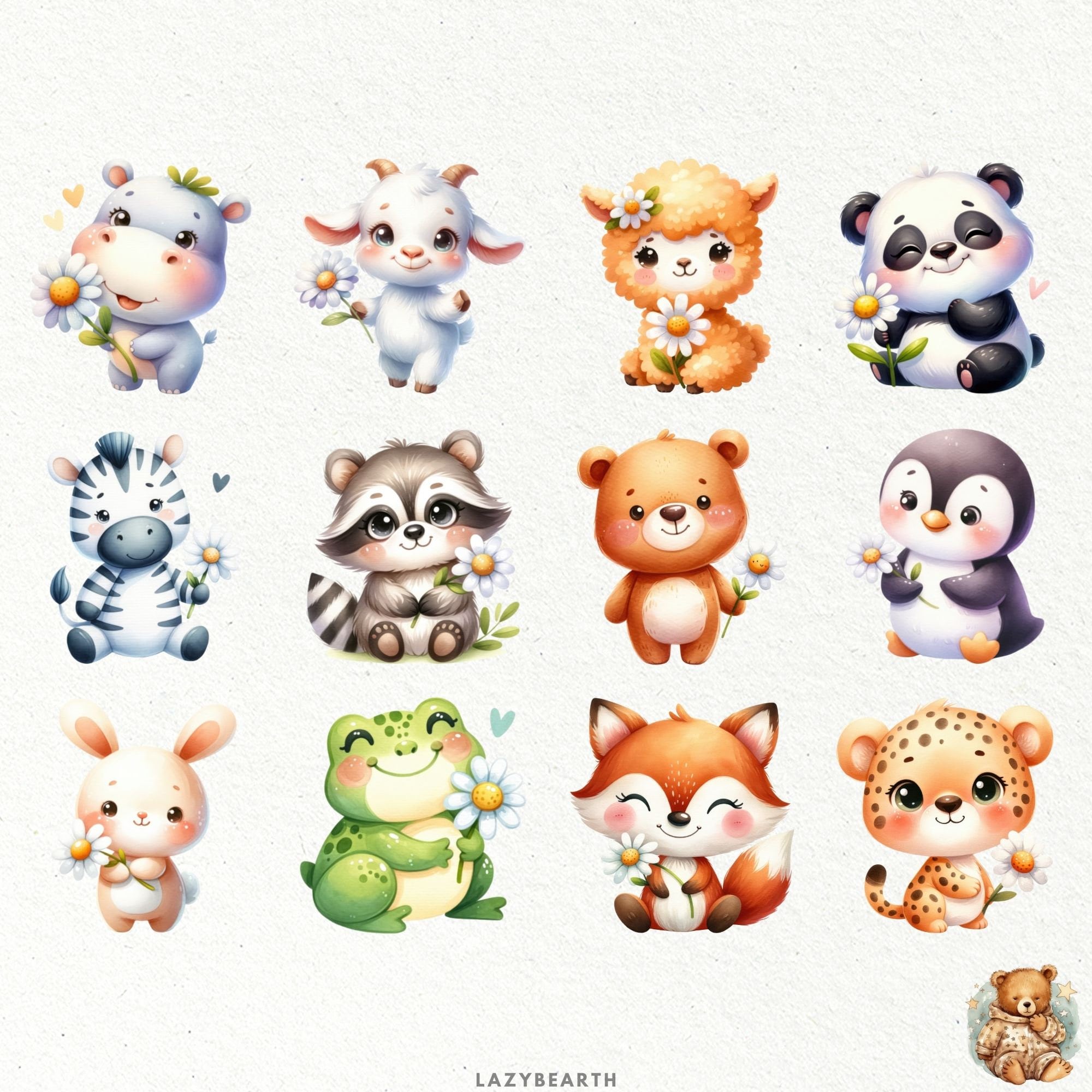 Animals Clipart, 30 Cute Animals With Daisy PNG Clipart, Watercolor ...