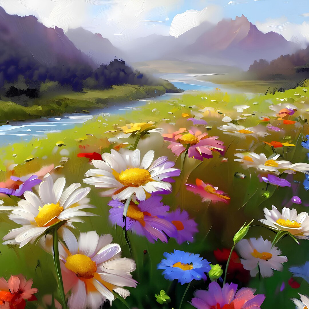 Flowery Landscape Painting 5 Printable Images Digital - Etsy