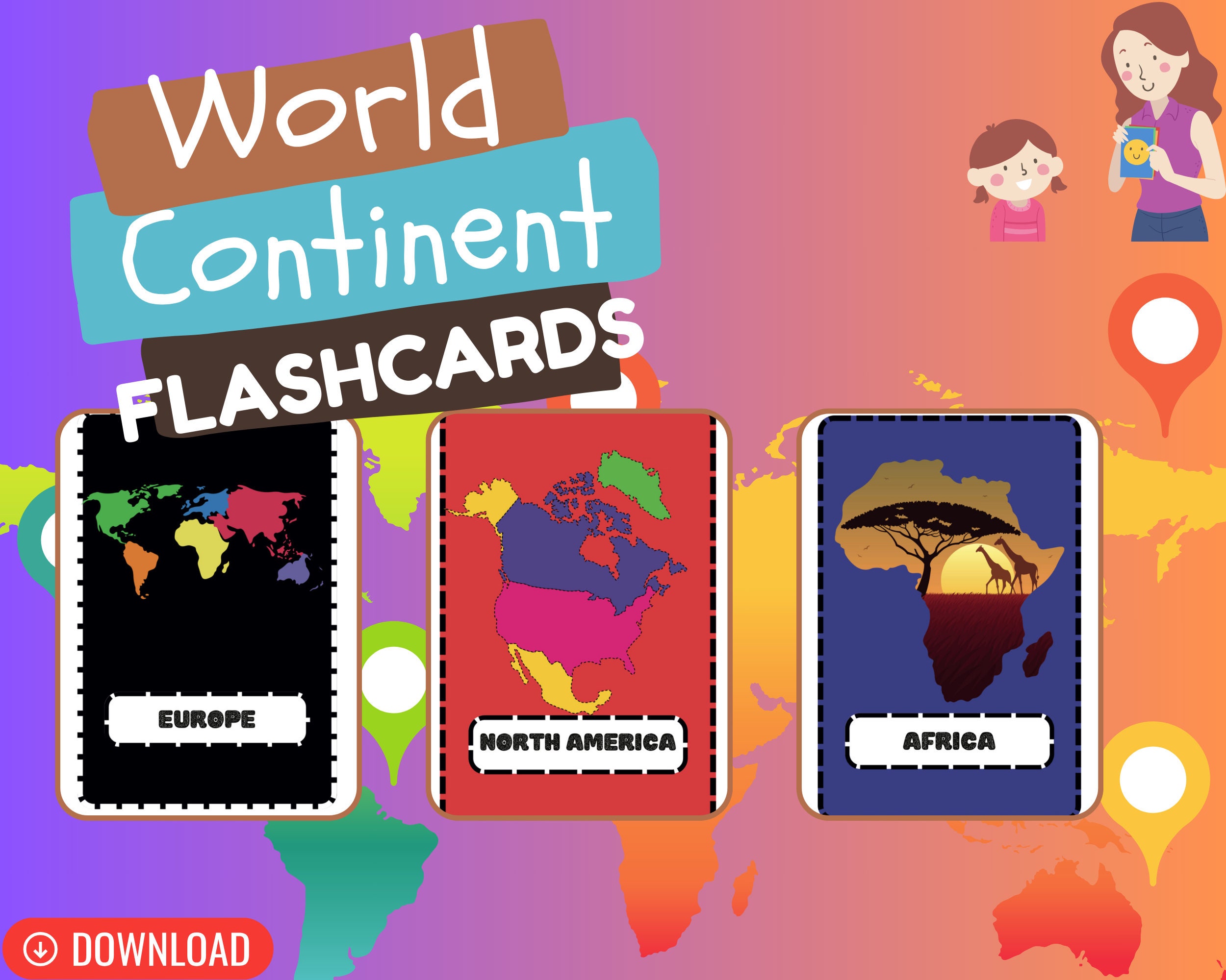 World Continents Flashcards Educational Flash Cards Continents of the ...