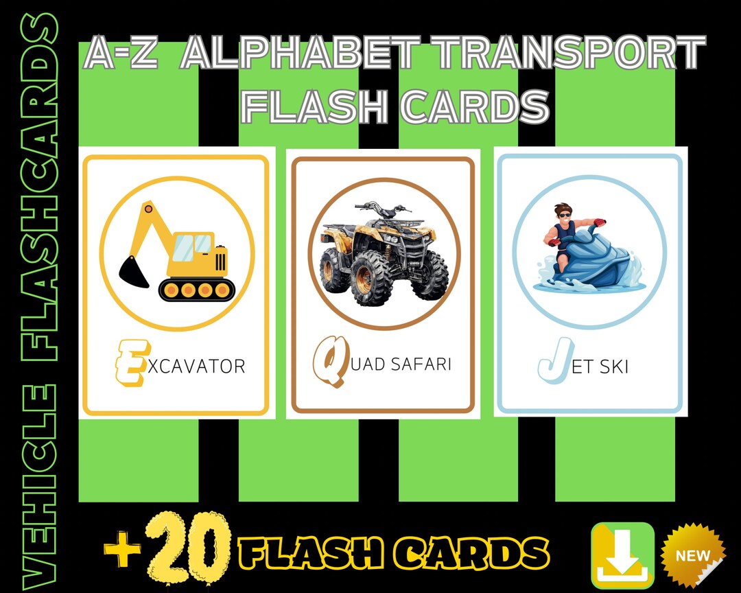 A-Z +20 Vehicle Alphabet Flashcards | Montessori Flash Card for Kids ...