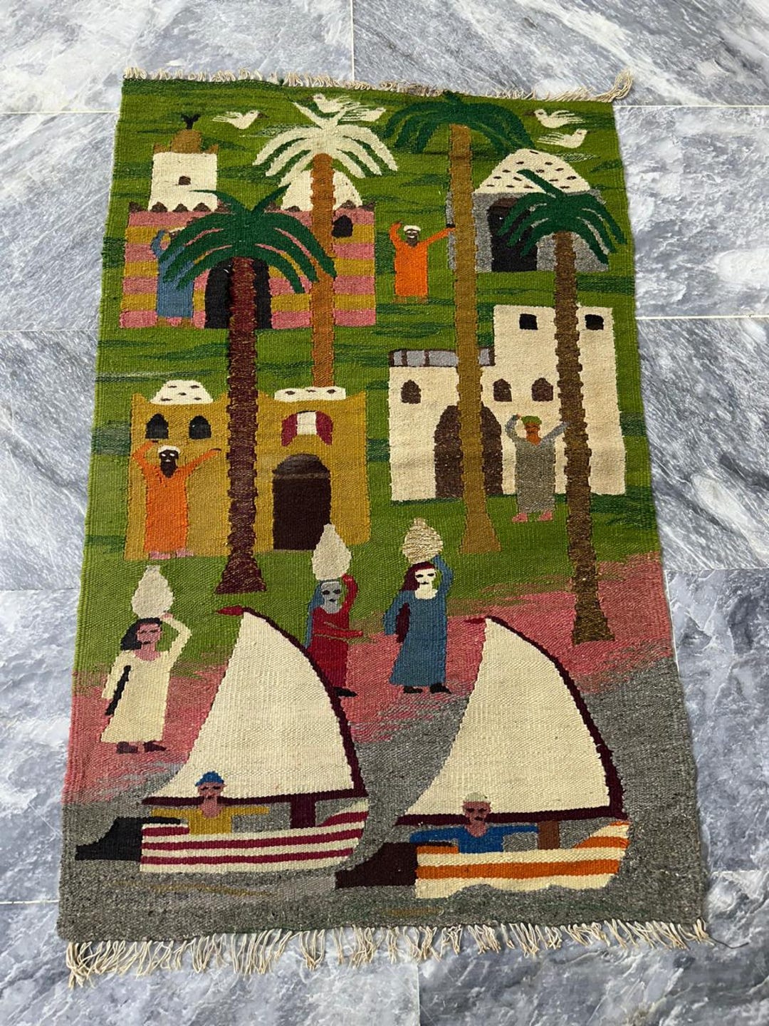Vintage Wool Egyptian Tapestry Kilim Sunset Pyramids Desert Wall ...