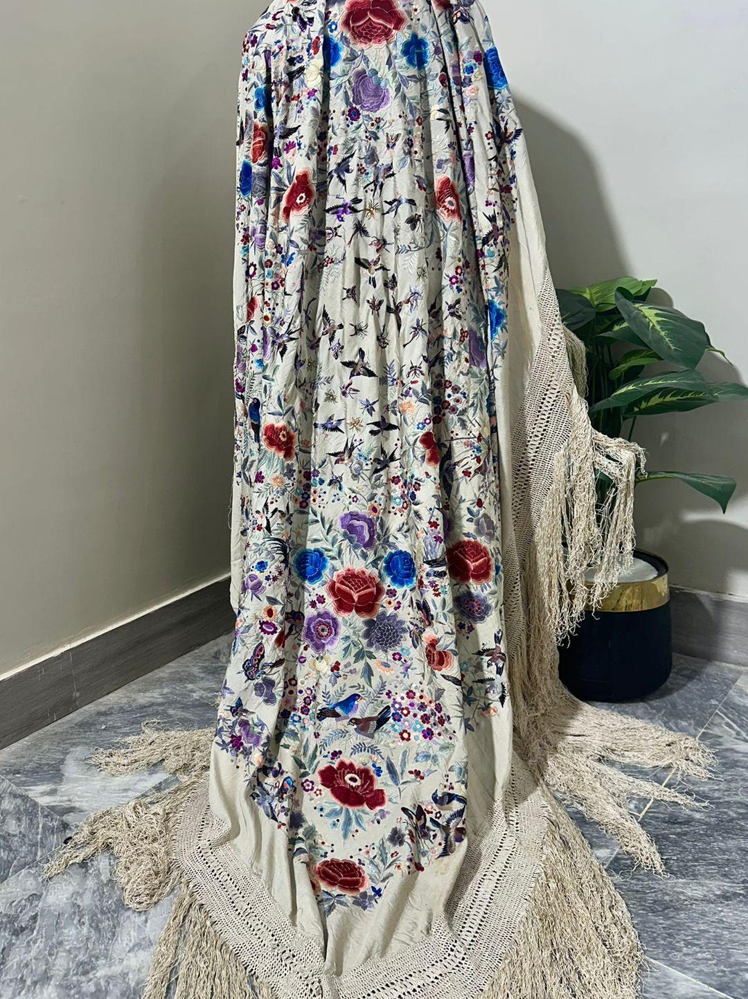 Antique Menton De Manila Silk Ivory Ground Multi Embroidery Piano ...