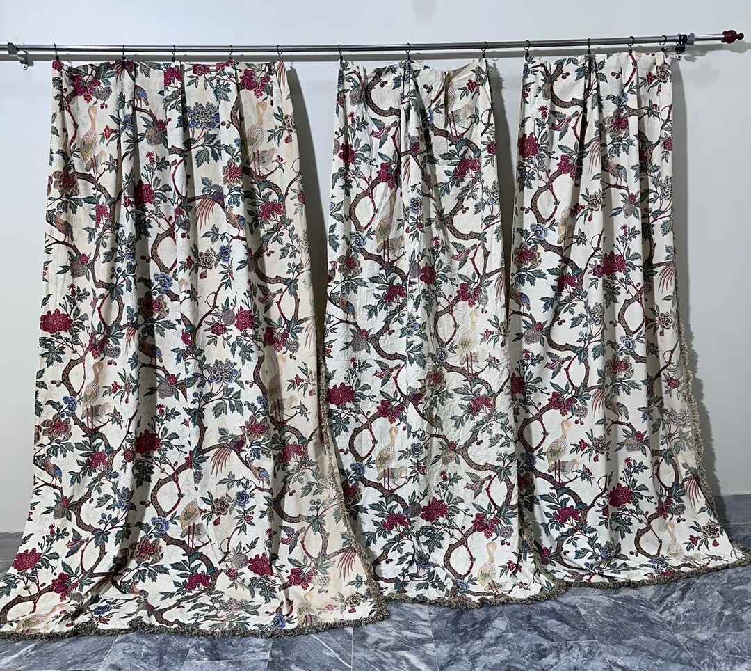 Antique Set of 3 Chinoiserie-style Pattern Linen Curtain Tan Oatmeal ...