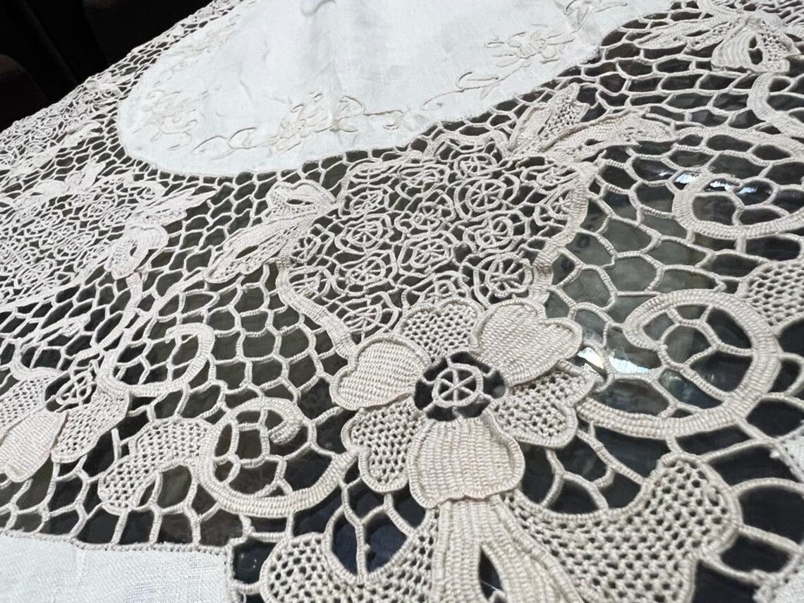Vintage Round Hand Embroidered Beige Linen and Venetian Style Needle ...