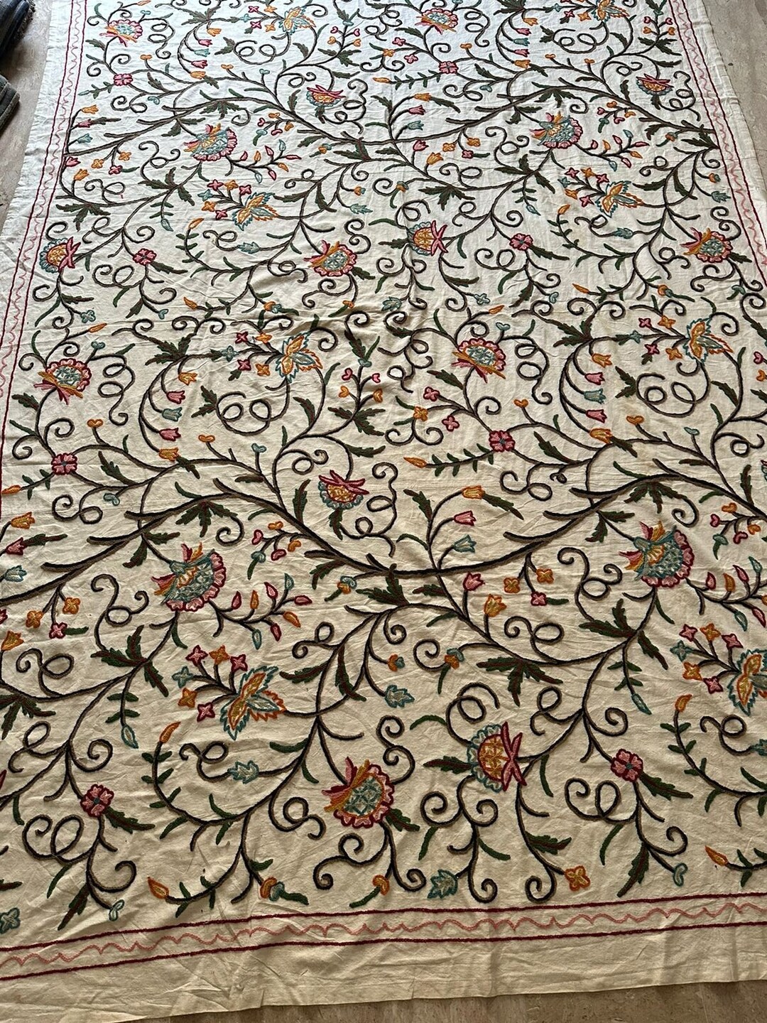 Handmade Vintage Crewel Work Embroidered Wool Textile Curtain Bedcover ...