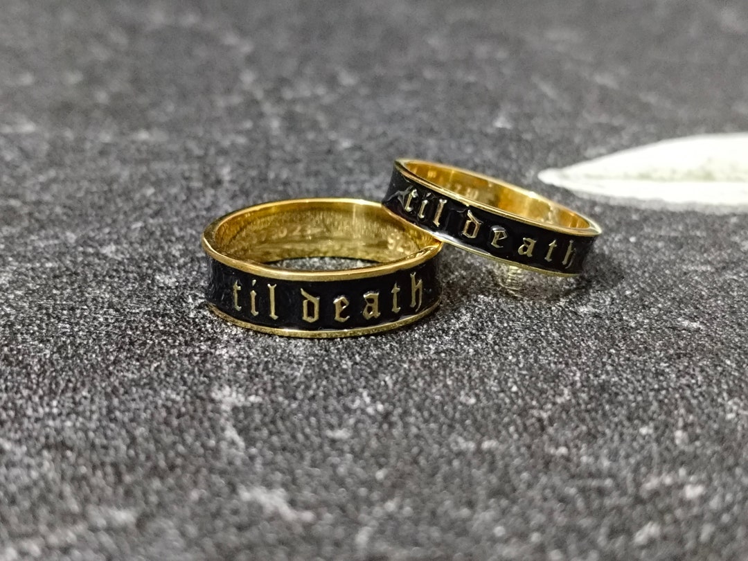 6mm & 4mm Wide Til Death Black Enamel Band Ring, Black Enamel Til Death ...