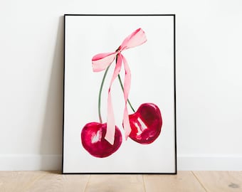Cherry Print, Girly Posters, Preppy Room Decor, Pink Retro Wall Art ...