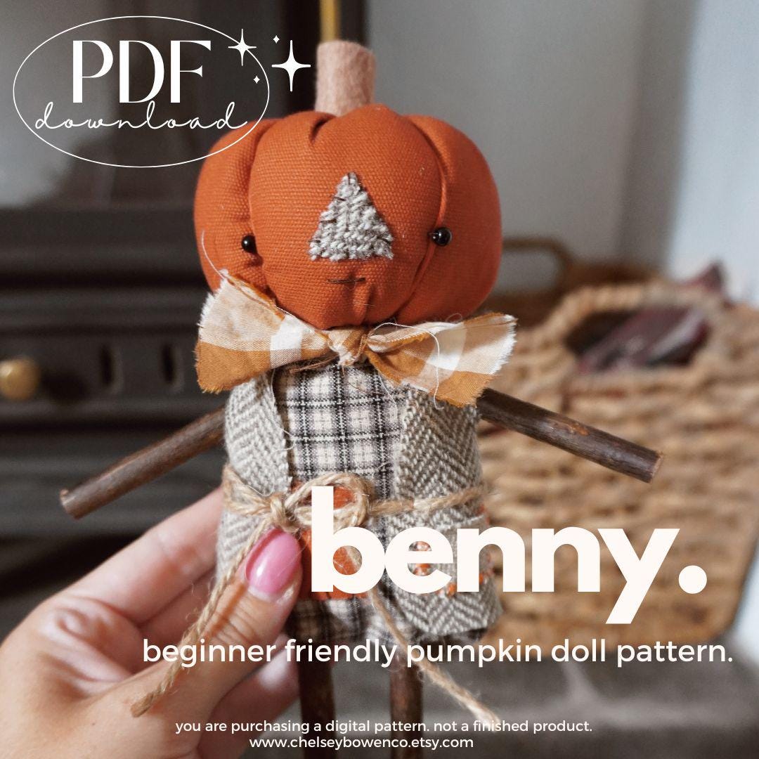 Primitive Pumpkin Doll Sewing Pattern: BENNY, Handmade Decoration (PDF ...