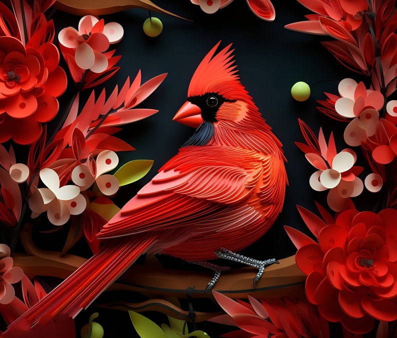 3d Red Cardinal With Flowers Quill Paper Style - Etsy
