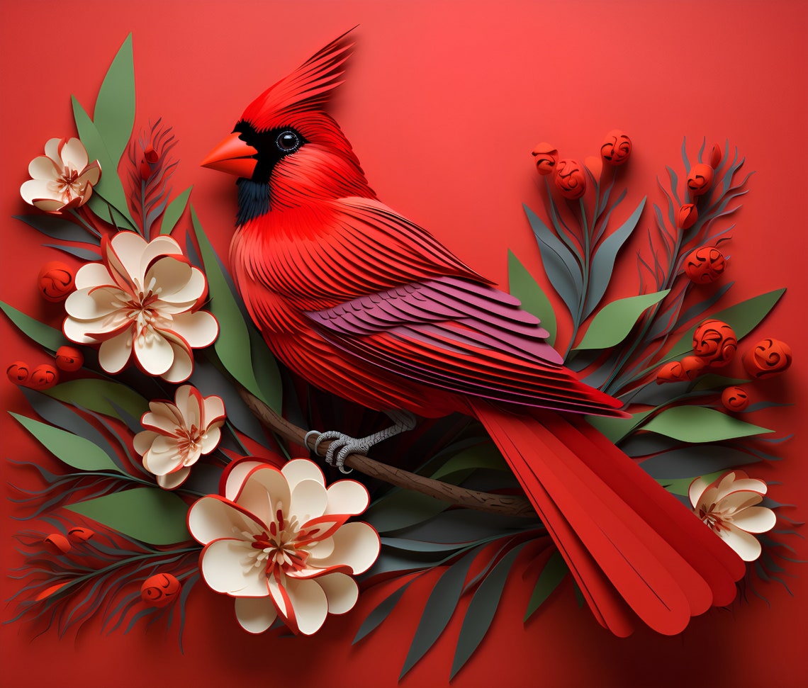 3d Red Cardinal Bird With Flowers Quill Paper Art Style - Etsy