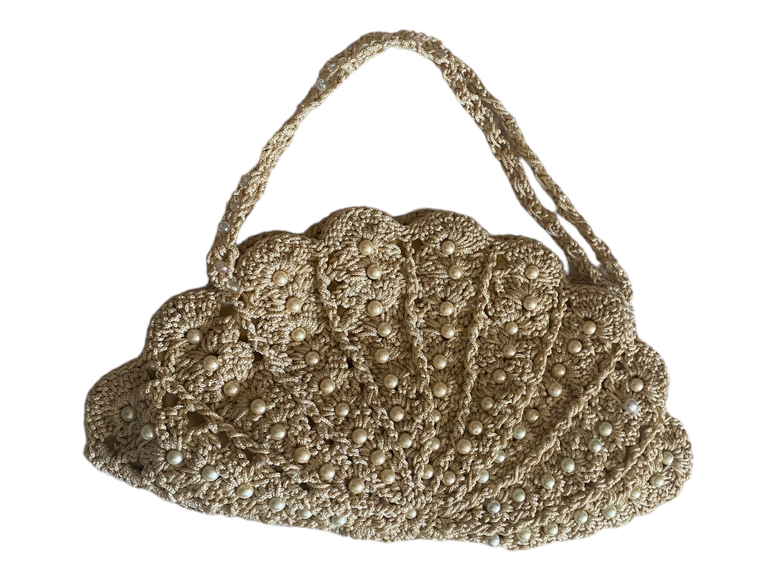 Seashell Knit Bag With Pearl Embroidery - Beige Handbag for Everyday ...