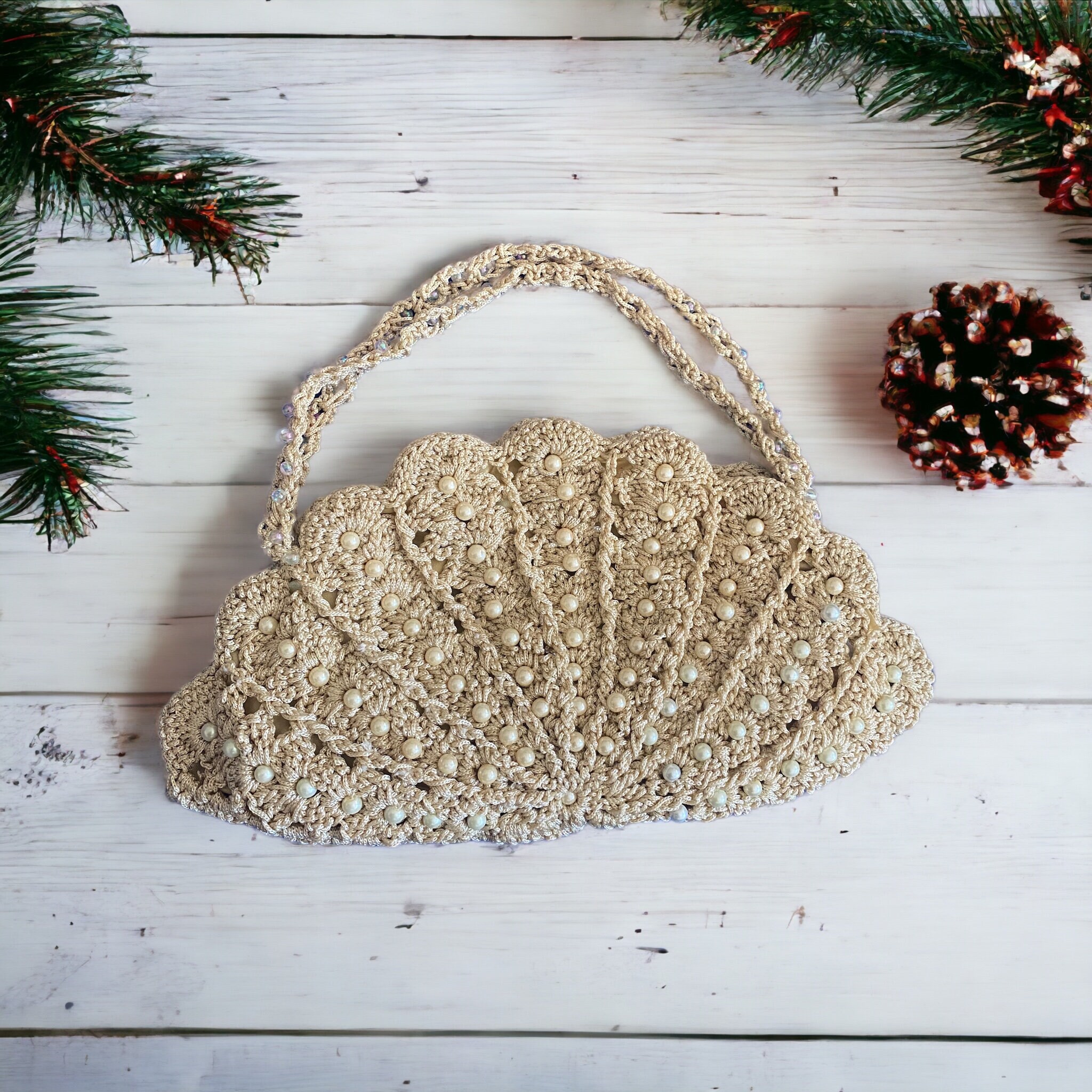 Seashell Knit Bag With Pearl Embroidery - Beige Handbag for Everyday ...