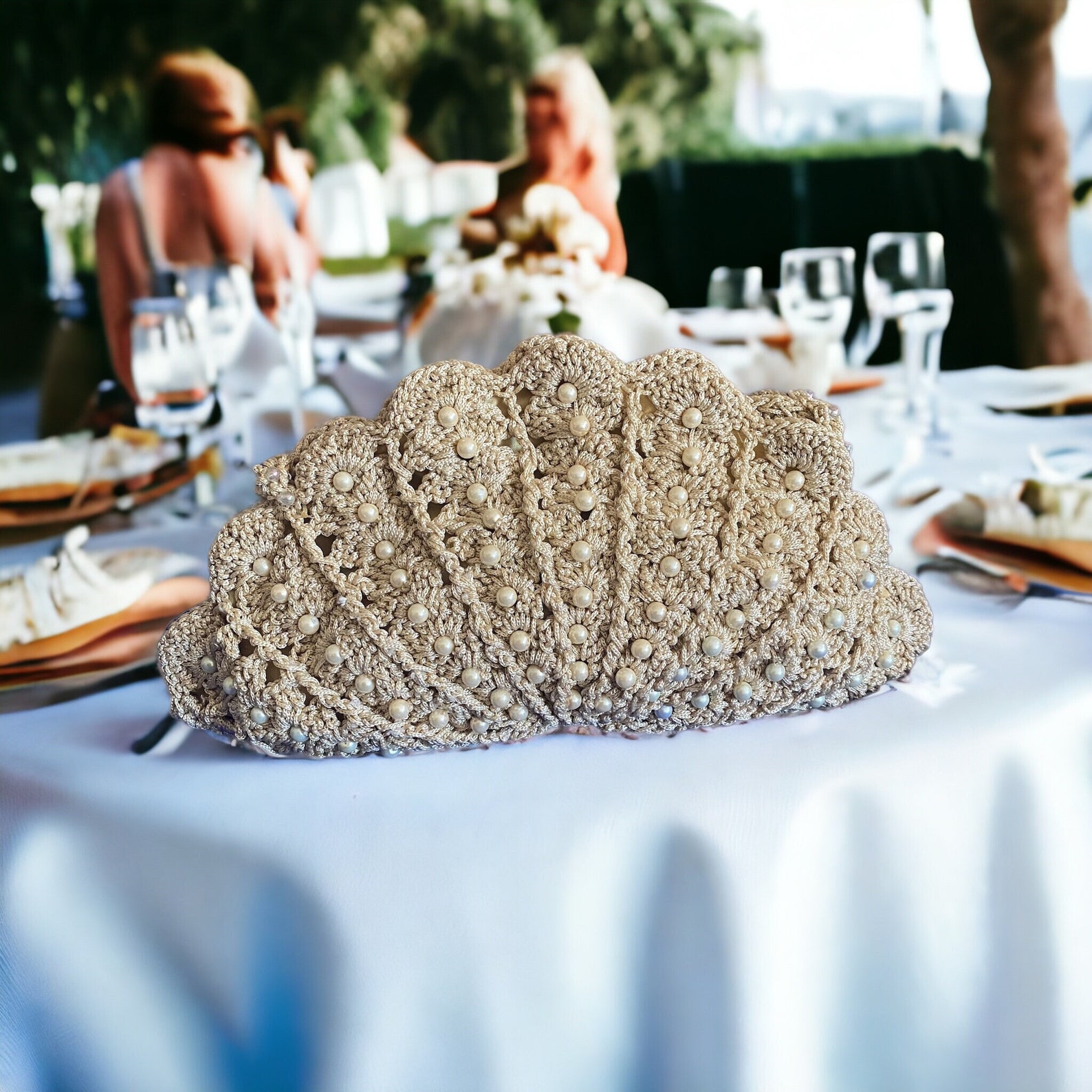 Seashell Knit Bag With Pearl Embroidery - Beige Handbag for Everyday ...