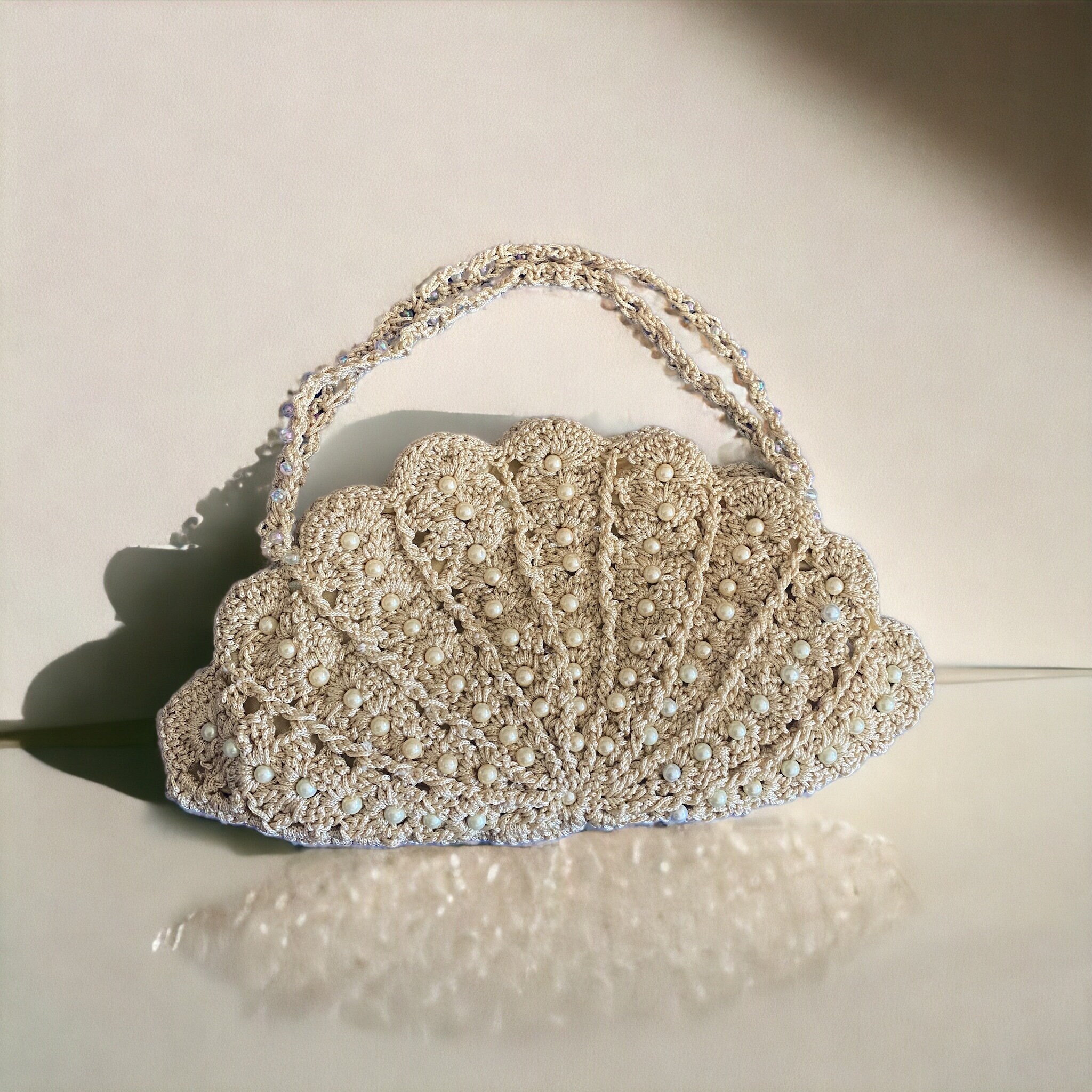 Seashell Knit Bag With Pearl Embroidery - Beige Handbag for Everyday ...