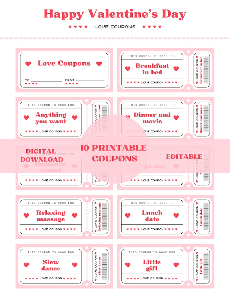 Love Coupons Valentines Day 10 Printable Coupons Digital Download Love ...