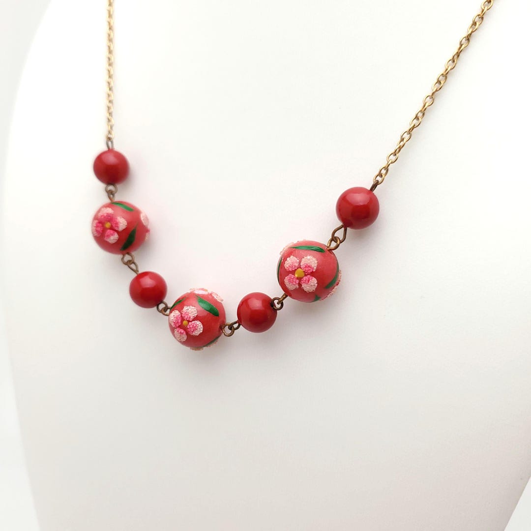Vintage European Necklace 50s-60s Red Beads With Textured Floral ...