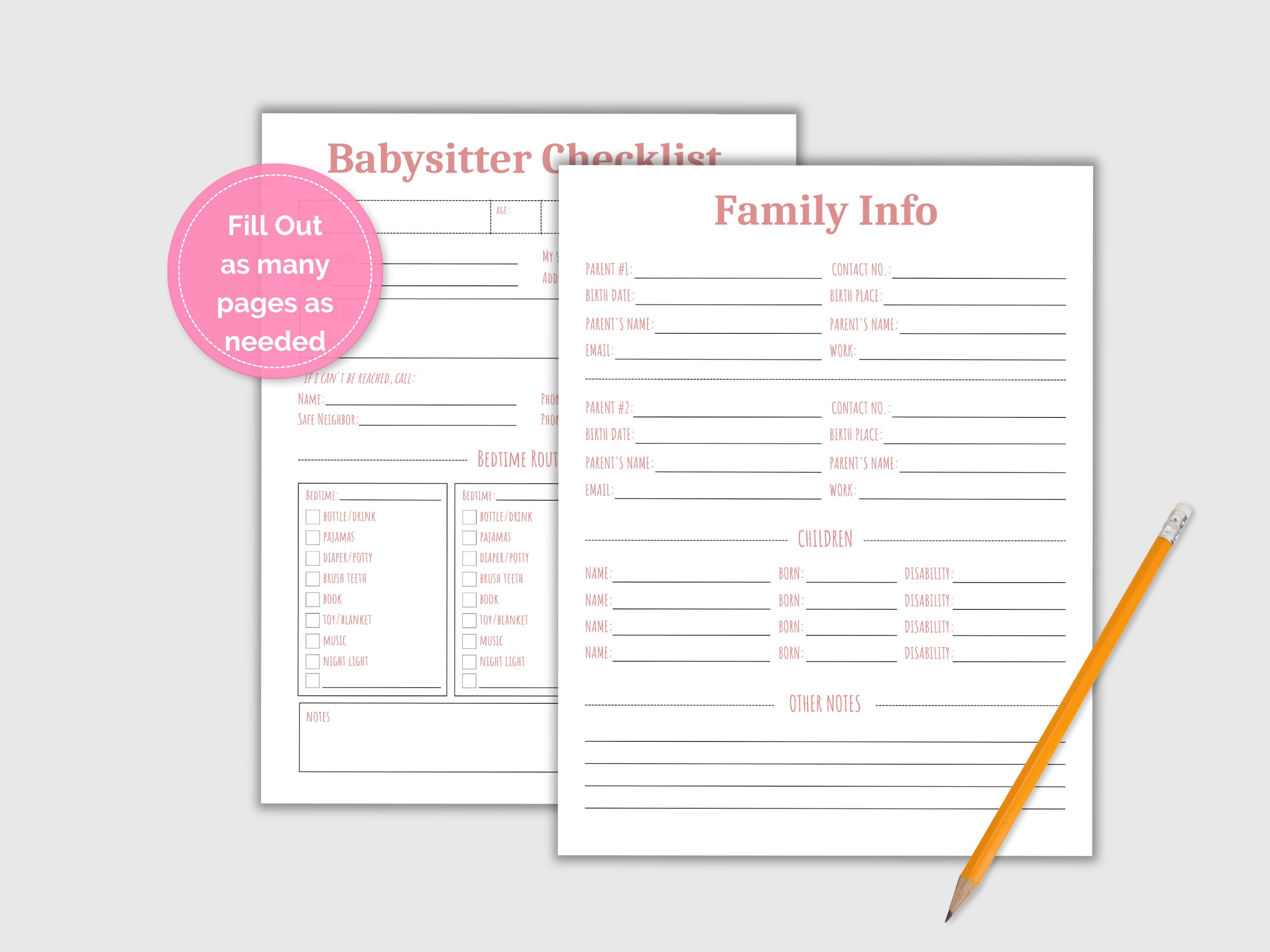 Babysitter Checklist and Planner, Printable Babysitter Notes. Child and ...