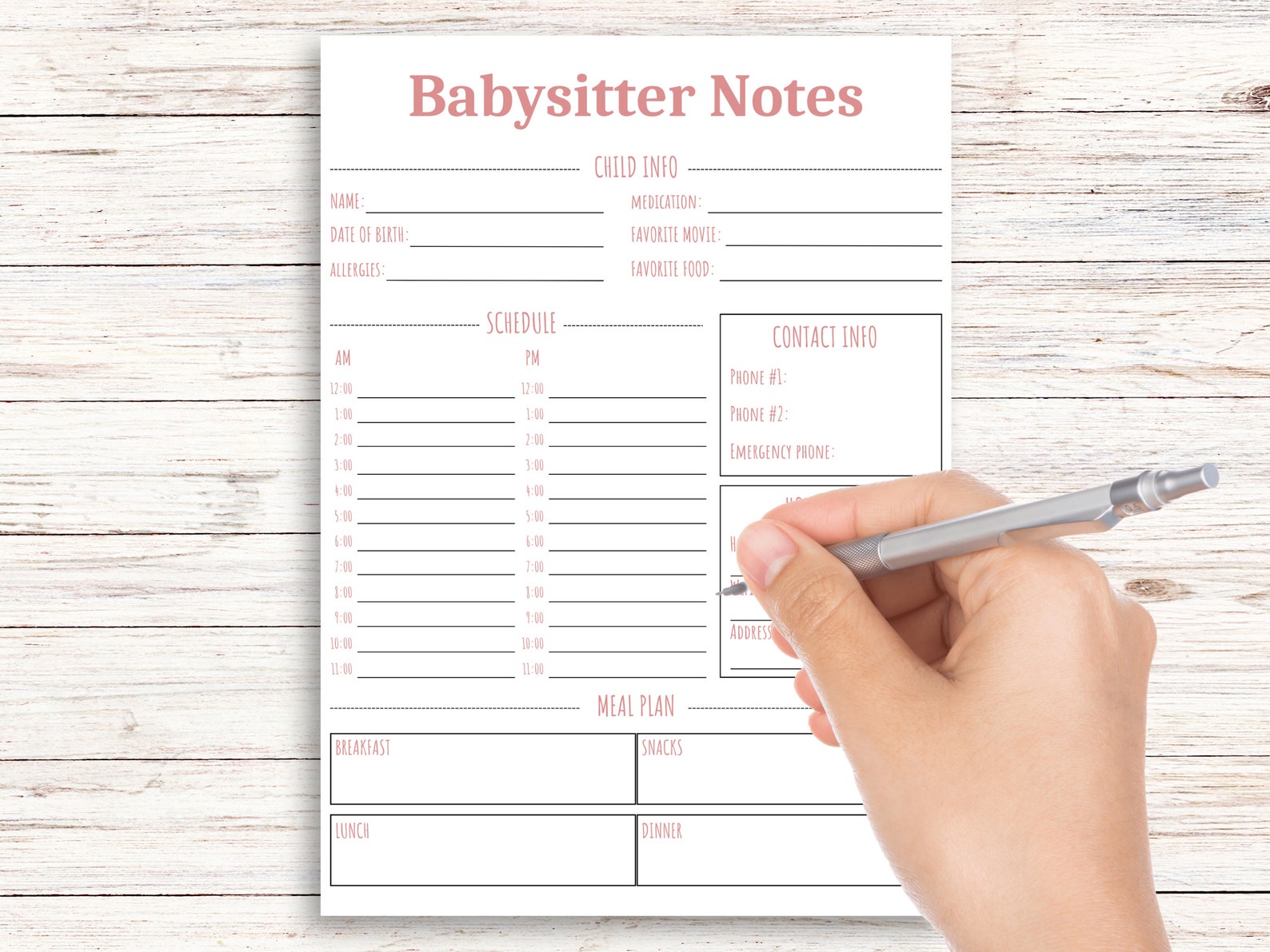 Babysitter Checklist and Planner, Printable Babysitter Notes. Child and ...