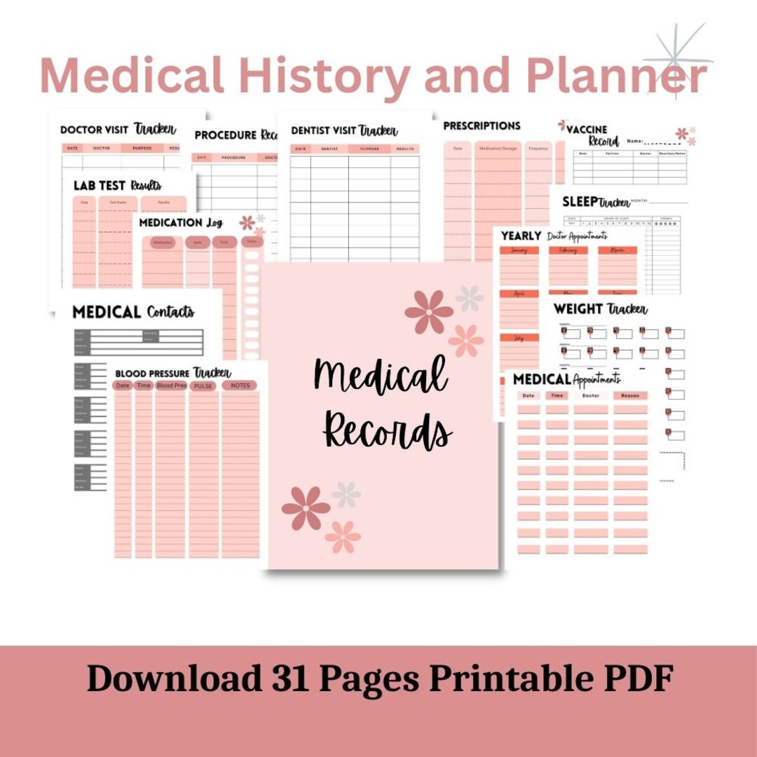 Medical History and Tracker . 31 Page Printable Medical Planner to Keep ...