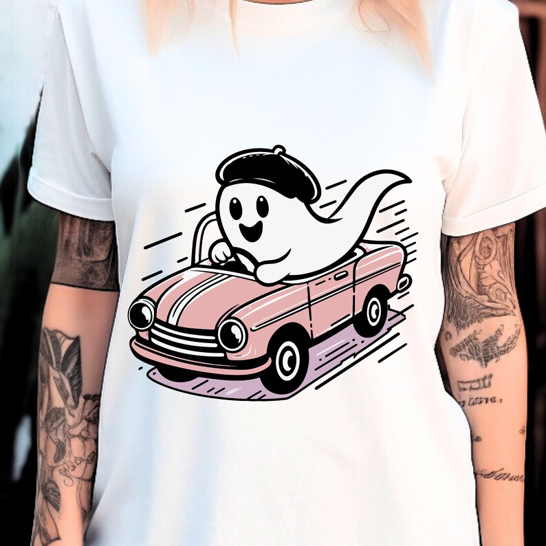 Retro Cute Ghost Driving Car Svg Png, Retro Cute Ghost Halloween Svg ...