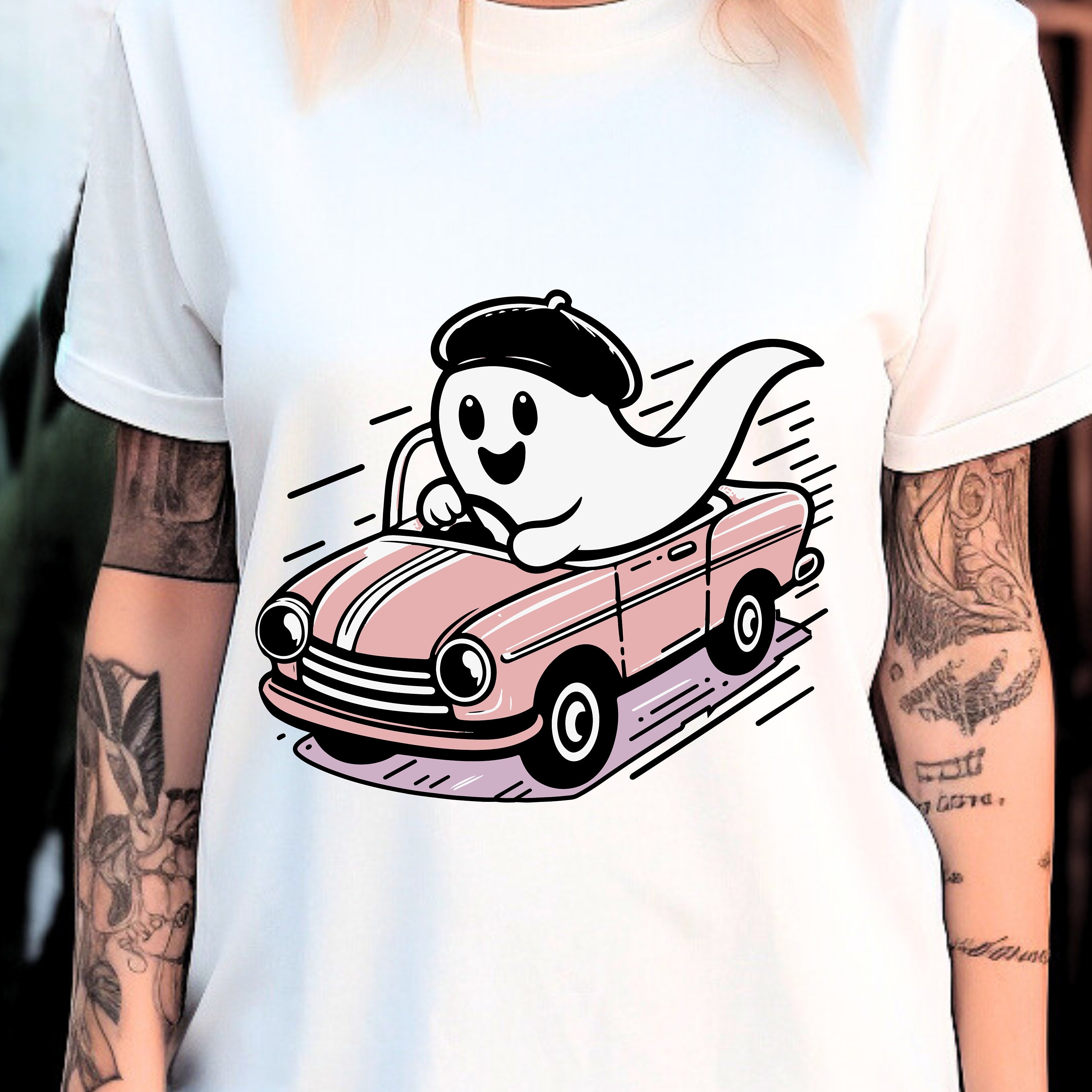 Retro Cute Ghost Driving Car Svg Png, Retro Cute Ghost Halloween Svg ...